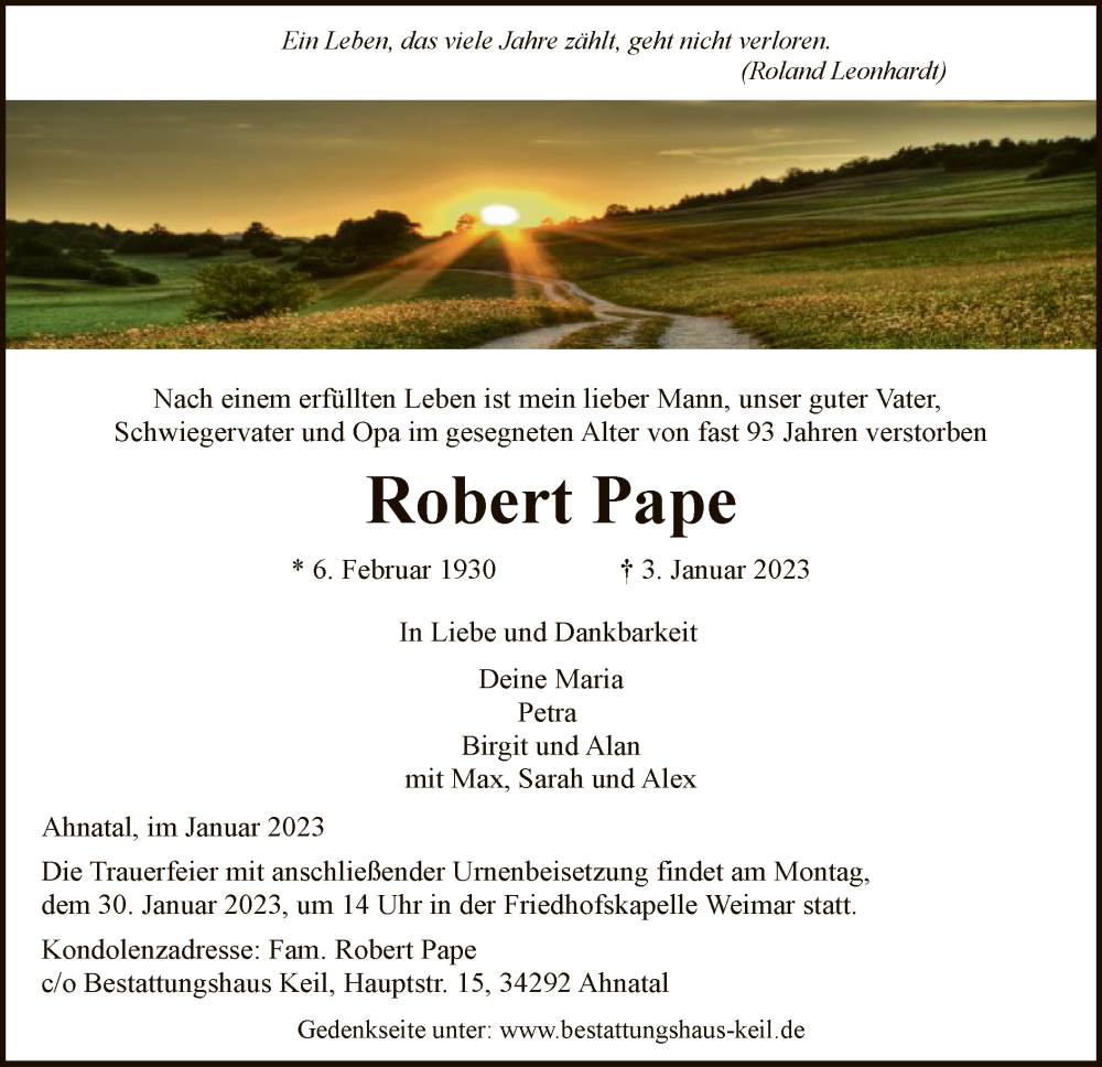 Traueranzeigen von Robert Pape | Trauer.HNA.de