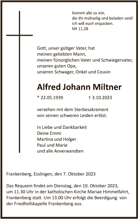 Traueranzeigen von Alfred Johann Miltner | Trauer.HNA.de