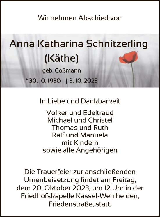 Traueranzeigen von Anna Katharina Schnitzerling | Trauer.HNA.de