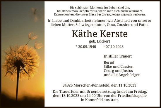 Traueranzeigen von Käthe Kerste | Trauer.HNA.de