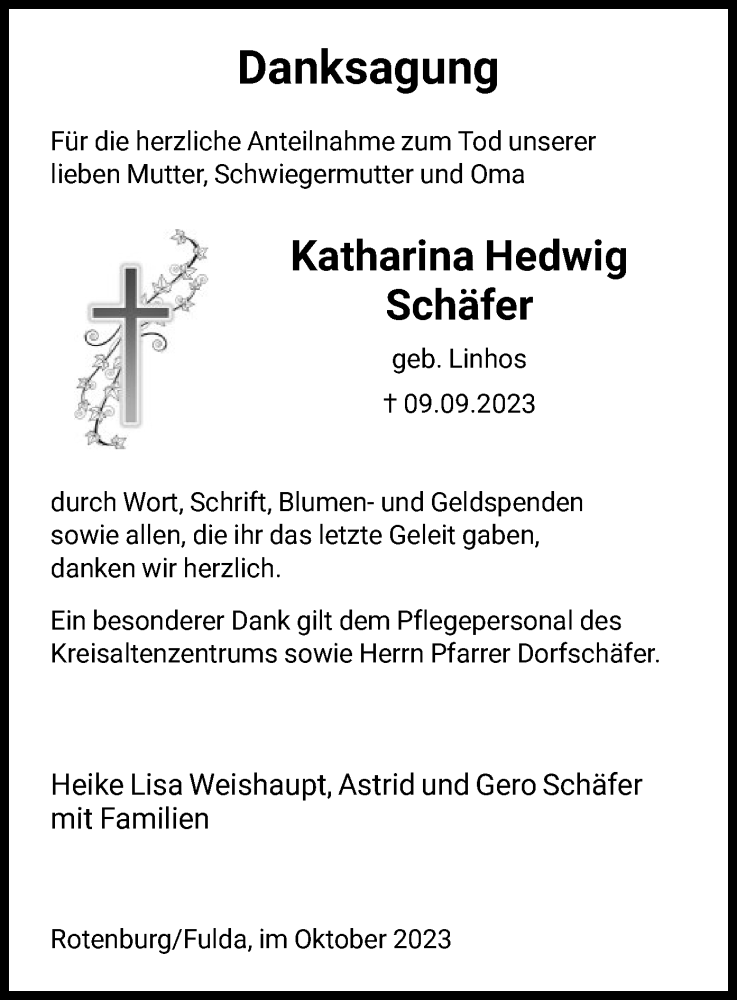 Traueranzeigen von Katharina Hedwig Schäfer | Trauer.HNA.de