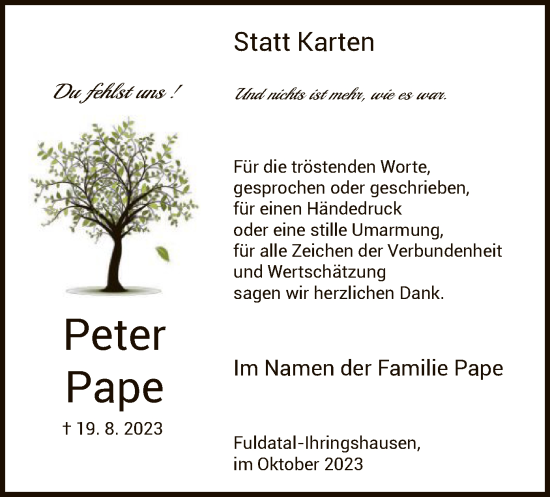Traueranzeigen von Peter Pape | Trauer.HNA.de