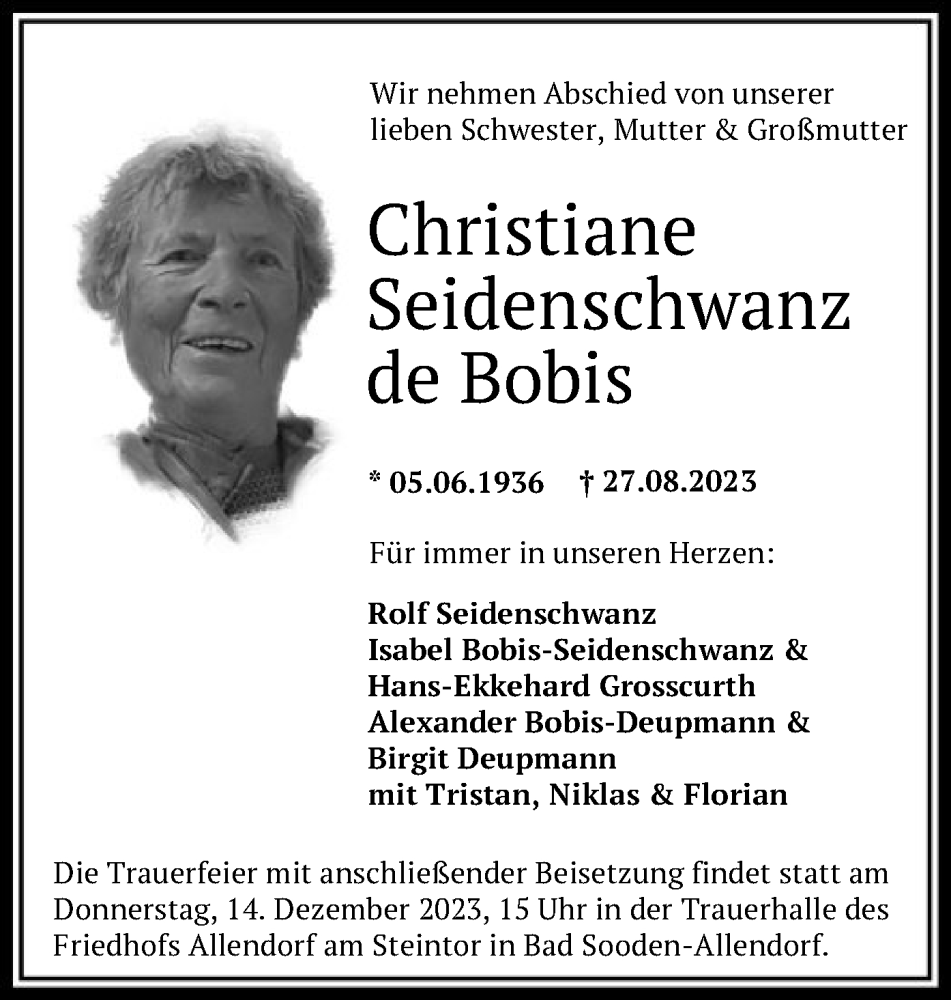 Traueranzeigen von Christiane Seidenschwanz de Bobis | Trauer.HNA.de