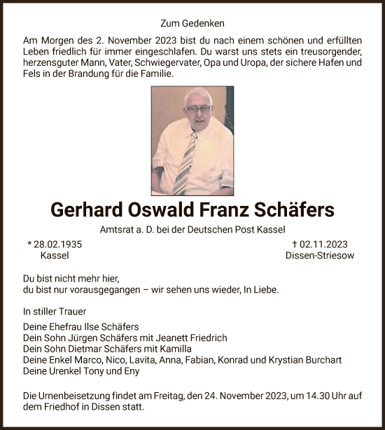 Traueranzeigen von Gerhard Oswald Franz Schäfers | Trauer.HNA.de