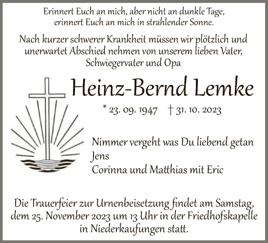 Traueranzeigen von Heinz-Bernd Lemke | Trauer.HNA.de