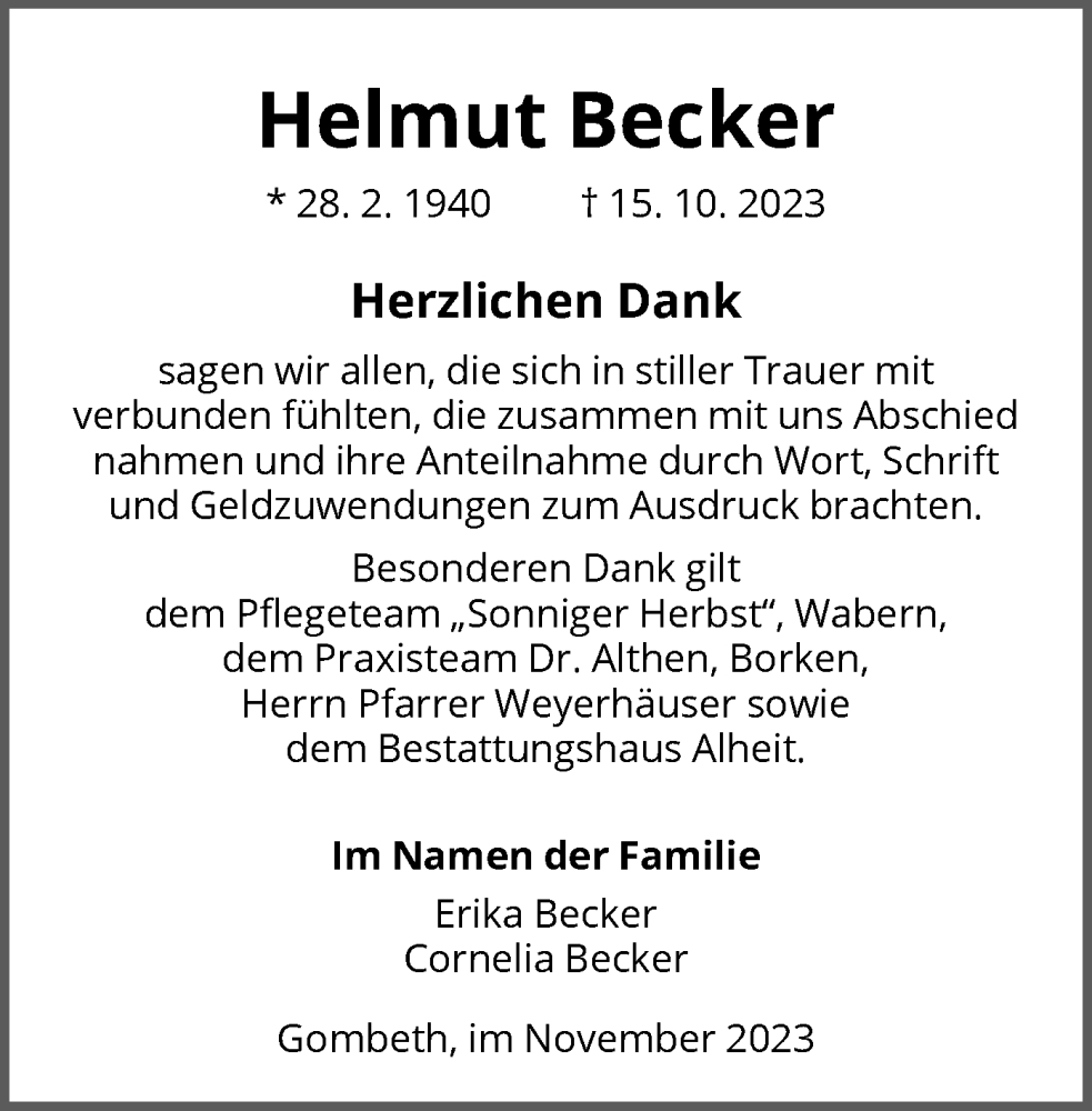 Traueranzeigen von Helmut Becker | Trauer.HNA.de