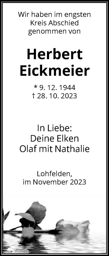 Traueranzeigen von Herbert Eickmeier | Trauer.HNA.de