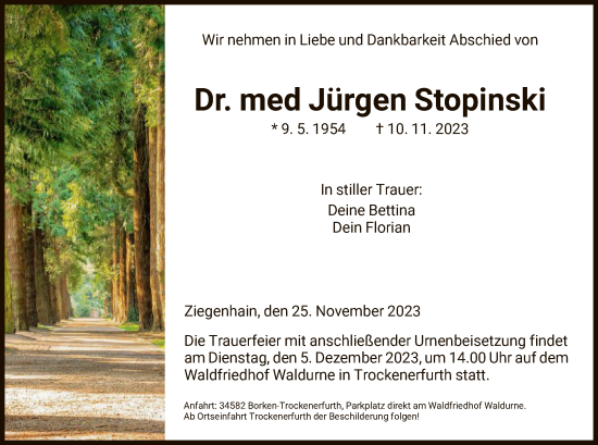 Traueranzeigen von Jürgen Stopinski | Trauer.HNA.de
