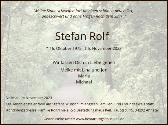 Traueranzeigen von Stefan Rolf | Trauer.HNA.de