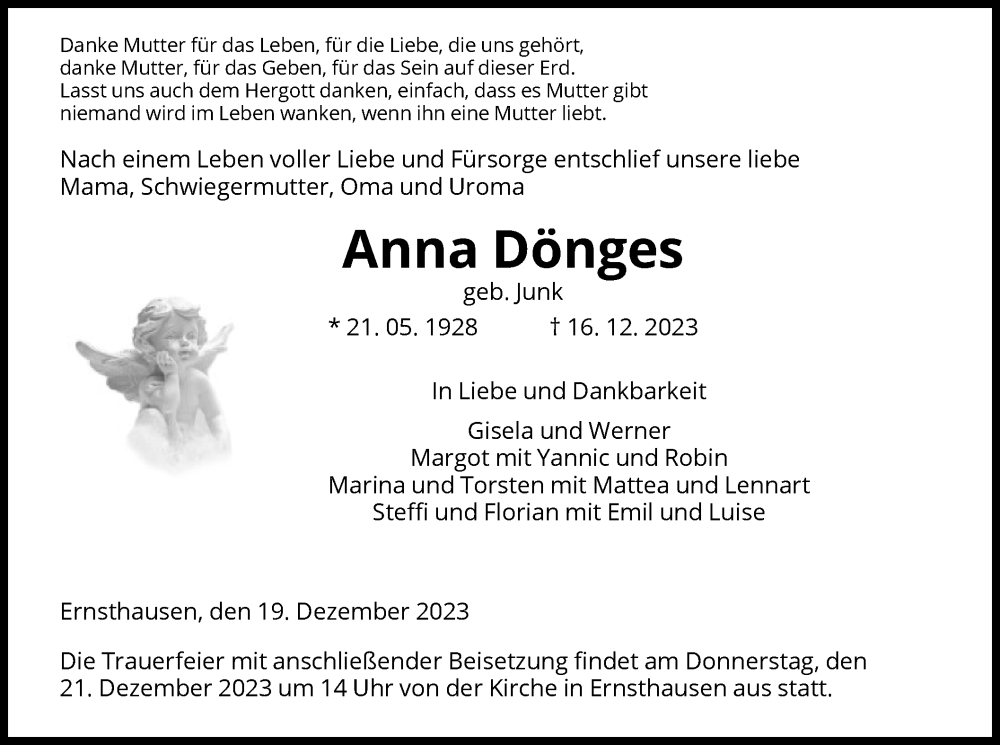 Traueranzeigen von Anna Dönges | Trauer.HNA.de