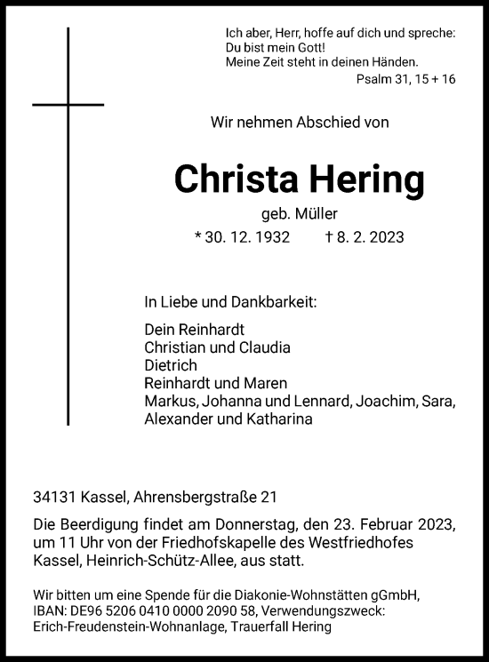 Traueranzeigen von Christa Hering | Trauer.HNA.de