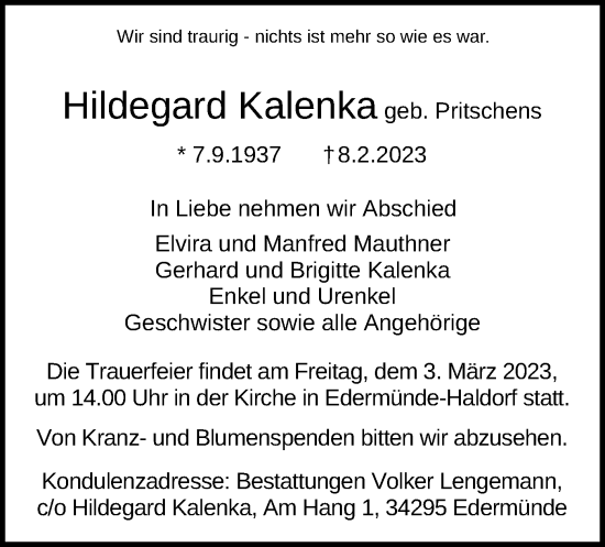Traueranzeigen von Hildegard Kalenka | Trauer.HNA.de
