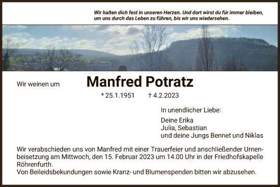 Traueranzeigen von Manfred Potratz | Trauer.HNA.de