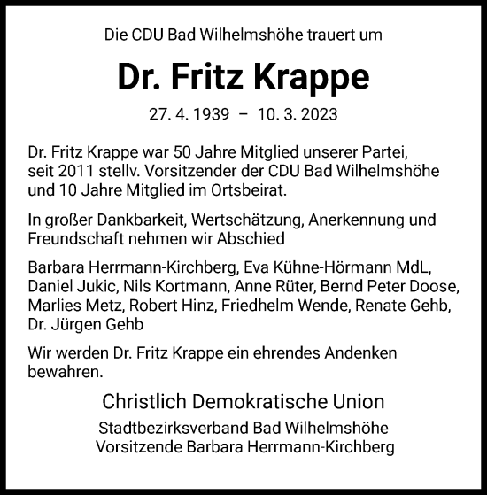 Traueranzeigen von Fritz Krappe | Trauer.HNA.de