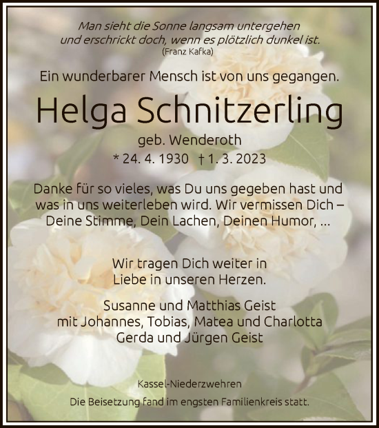 Traueranzeigen von Helga Schnitzerling | Trauer.HNA.de