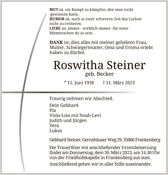 Traueranzeigen von Roswitha Steiner | Trauer.HNA.de