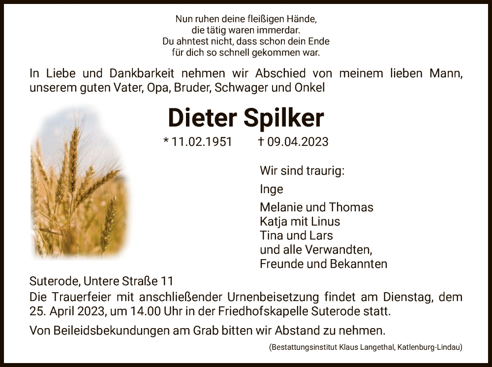 Traueranzeigen von Dieter Spilker | Trauer.HNA.de