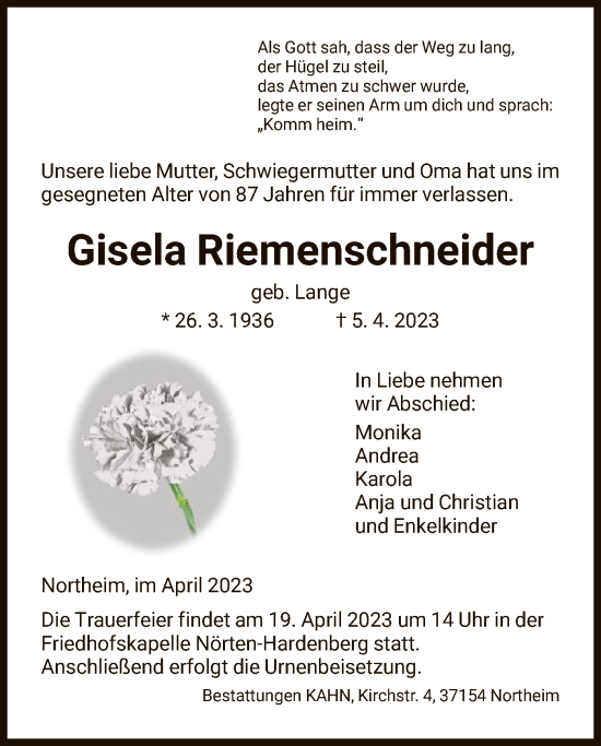 Traueranzeigen von Gisela Riemenschneider | Trauer.HNA.de