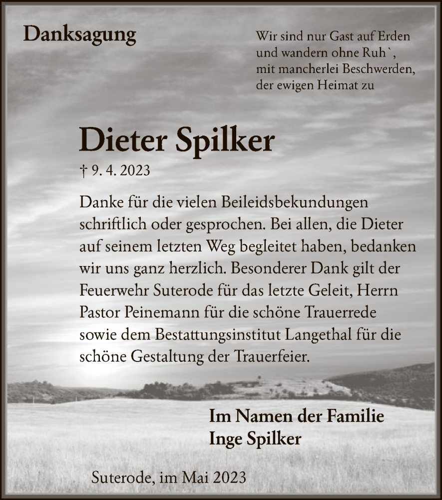 Traueranzeigen von Dieter Spilker | Trauer.HNA.de