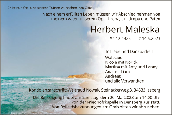 Traueranzeigen von Herbert Maleska | Trauer.HNA.de