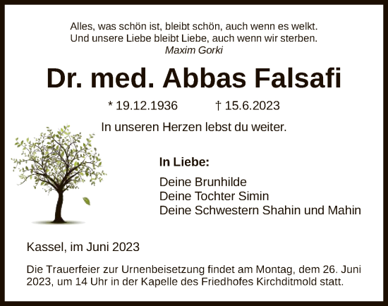 Traueranzeigen von Abbas Falsafi | Trauer.HNA.de