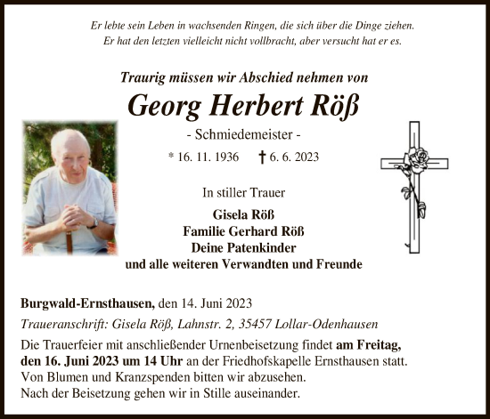 Traueranzeigen von Georg Herbert Röß | Trauer.HNA.de