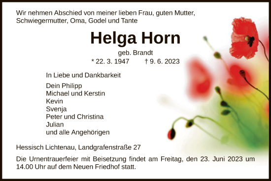 Traueranzeigen von Helga Horn | Trauer.HNA.de