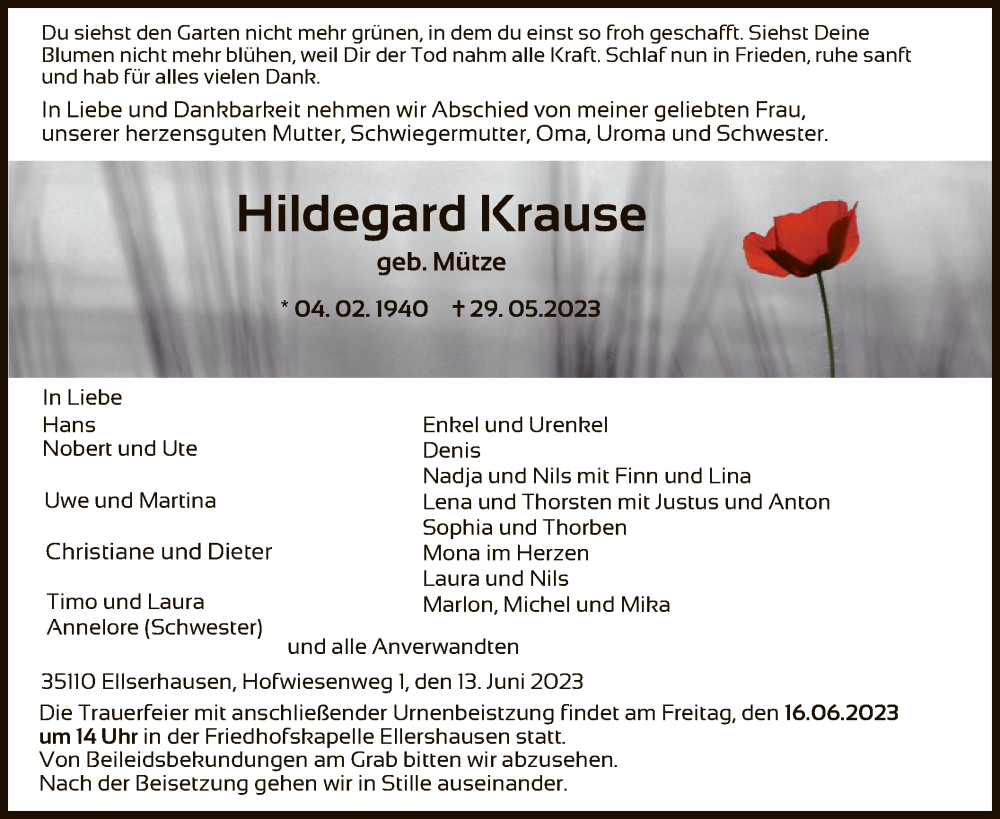 Traueranzeigen von Hildegard Krause | Trauer.HNA.de