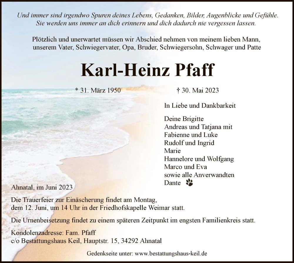 Traueranzeigen von Karl-Heinz Pfaff | Trauer.HNA.de