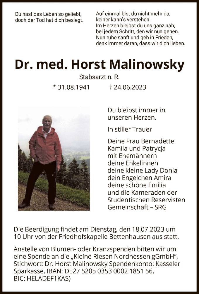 Traueranzeigen von Horst Malinowsky | Trauer.HNA.de