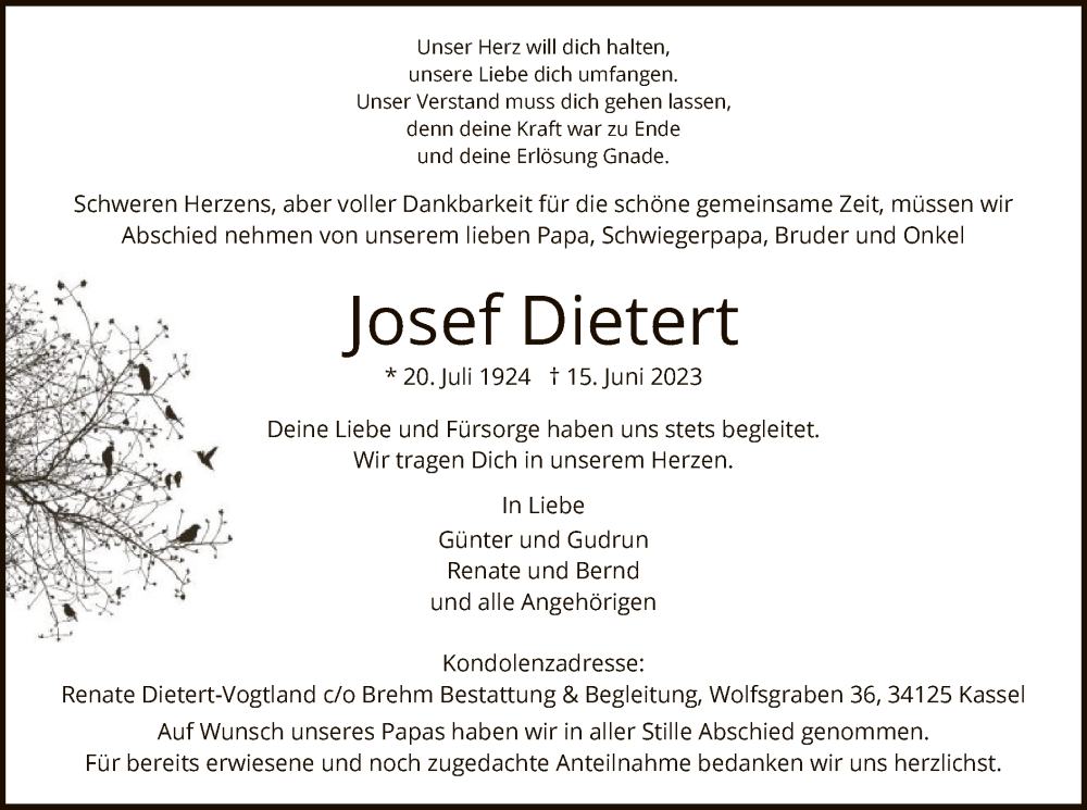 Traueranzeigen von Josef Dietert Dietert | Trauer.HNA.de
