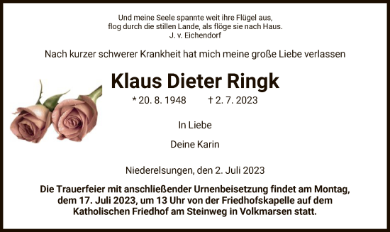 Traueranzeigen von Klaus Dieter Ringk | Trauer.HNA.de Traueranzeigen von Klaus Dieter Ringk | Trauer.HNA.de