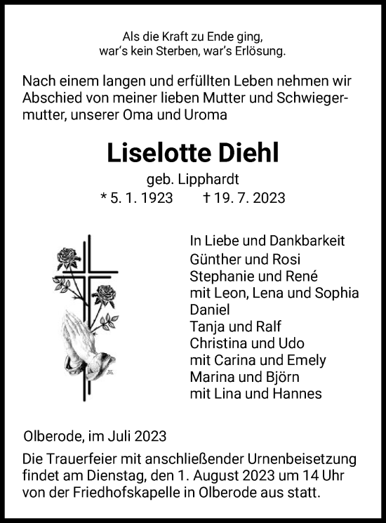 Traueranzeigen von Liselotte Diehl | Trauer.HNA.de