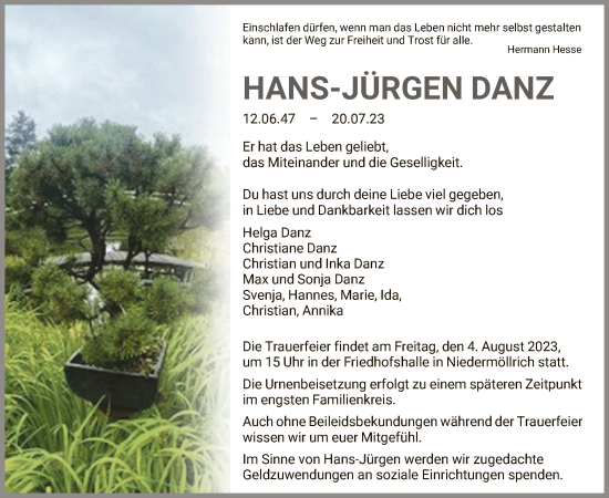 Traueranzeigen von Hans-Jürgen Danz | Trauer.HNA.de