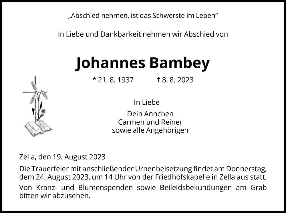 Traueranzeigen von Johannes Bambey | Trauer.HNA.de