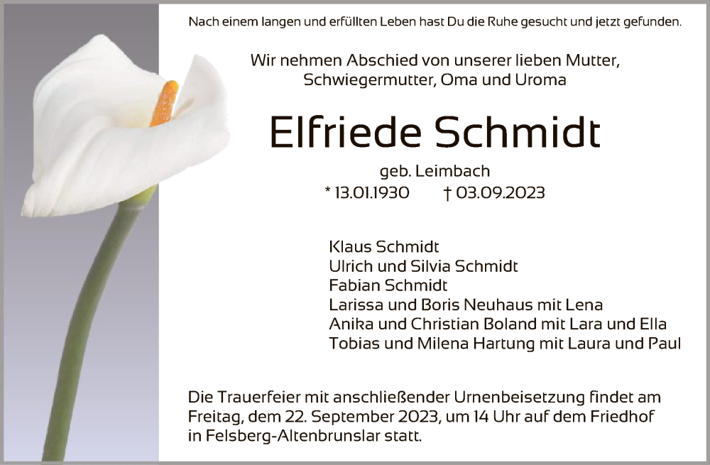 Traueranzeigen von Elfriede Schmidt | Trauer.HNA.de