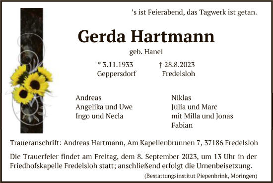 Traueranzeigen von Gerda Hartmann | Trauer.HNA.de