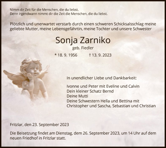 Traueranzeigen von Sonja Zarniko | Trauer.HNA.de