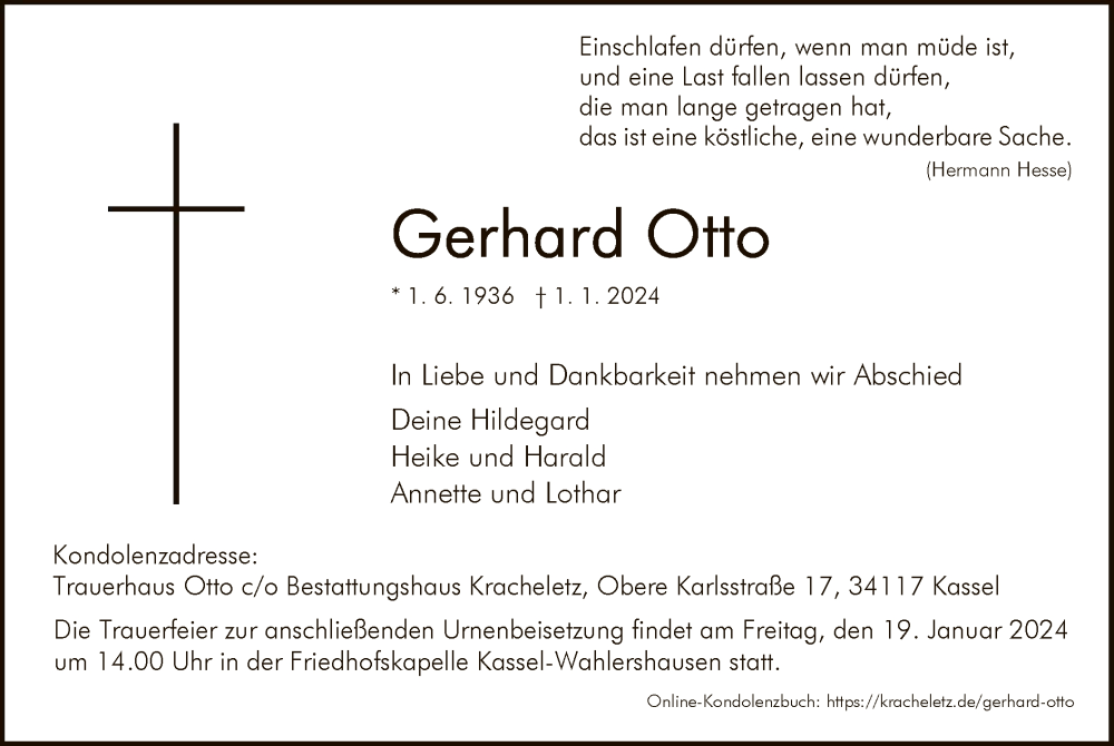 Traueranzeigen von Gerhard Otto | Trauer.HNA.de