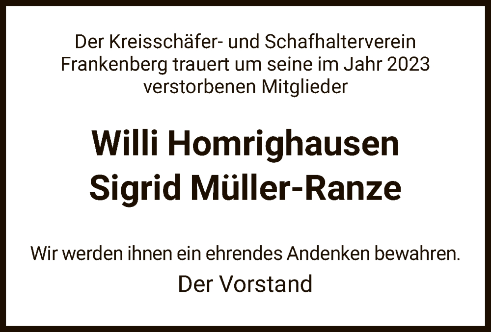 Traueranzeigen von Sigrid Müller-Ranze | Trauer.HNA.de