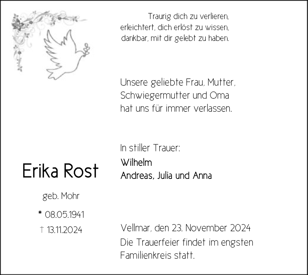 Traueranzeigen von Erika Rost | Trauer.HNA.de