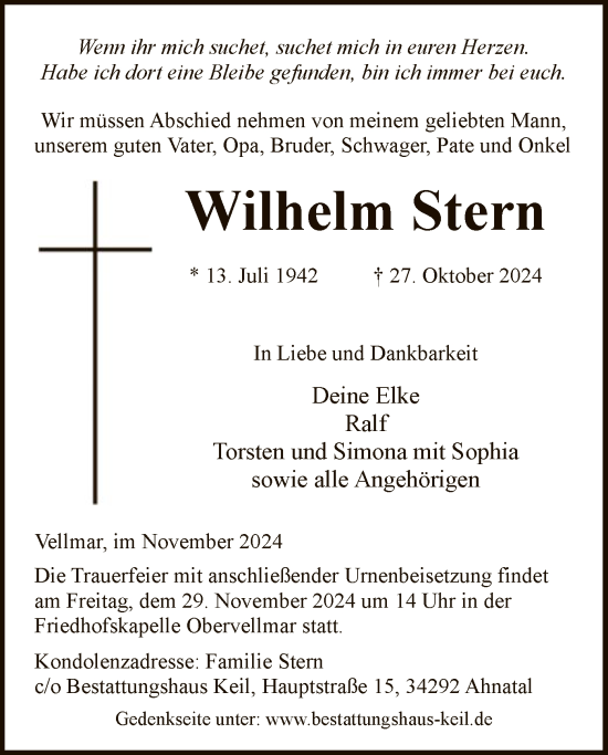 Traueranzeigen von Wilhelm Stern | Trauer.HNA.de