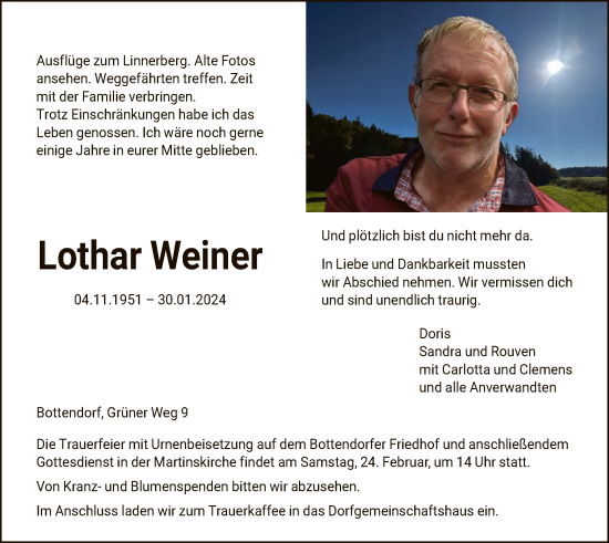 Traueranzeigen von Lothar Weiner | Trauer.HNA.de