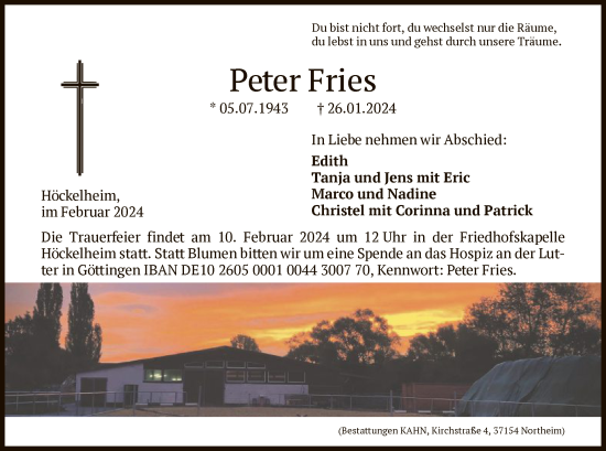 Traueranzeigen von Peter Fries | Trauer.HNA.de