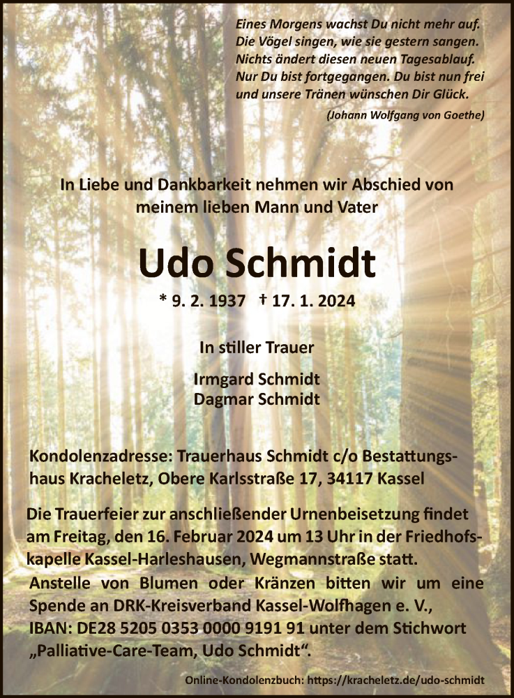Traueranzeigen von Udo Schmidt | Trauer.HNA.de
