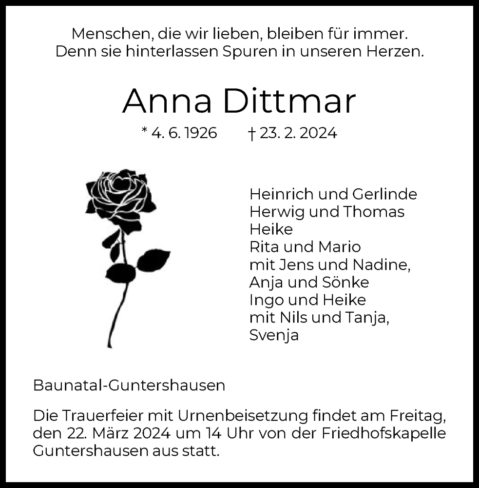 Traueranzeigen von Anna Dittmar | Trauer.HNA.de