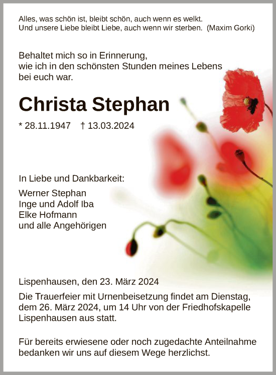 Traueranzeigen von Christa Stephan | Trauer.HNA.de