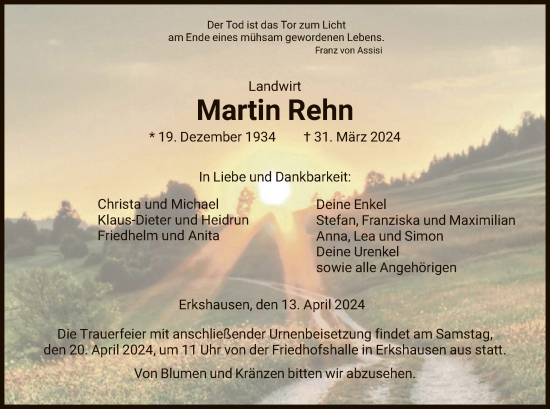 Traueranzeigen von Martin Rehn | Trauer.HNA.de