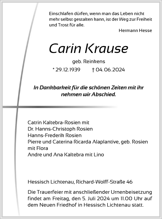 Traueranzeigen von Carin Krause | Trauer.HNA.de
