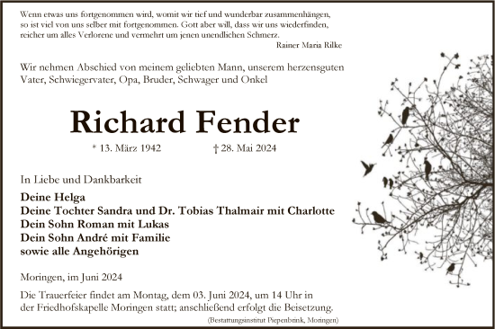 Traueranzeigen von Richard Fender | Trauer.HNA.de